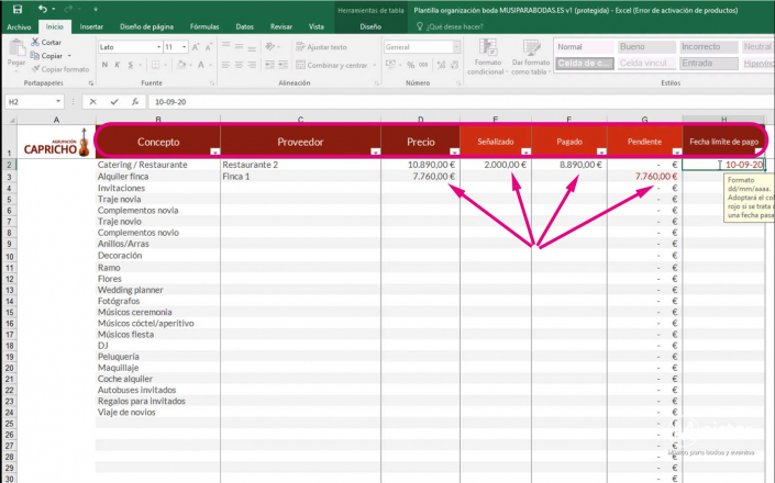 Plantilla de Excel para organizar una boda