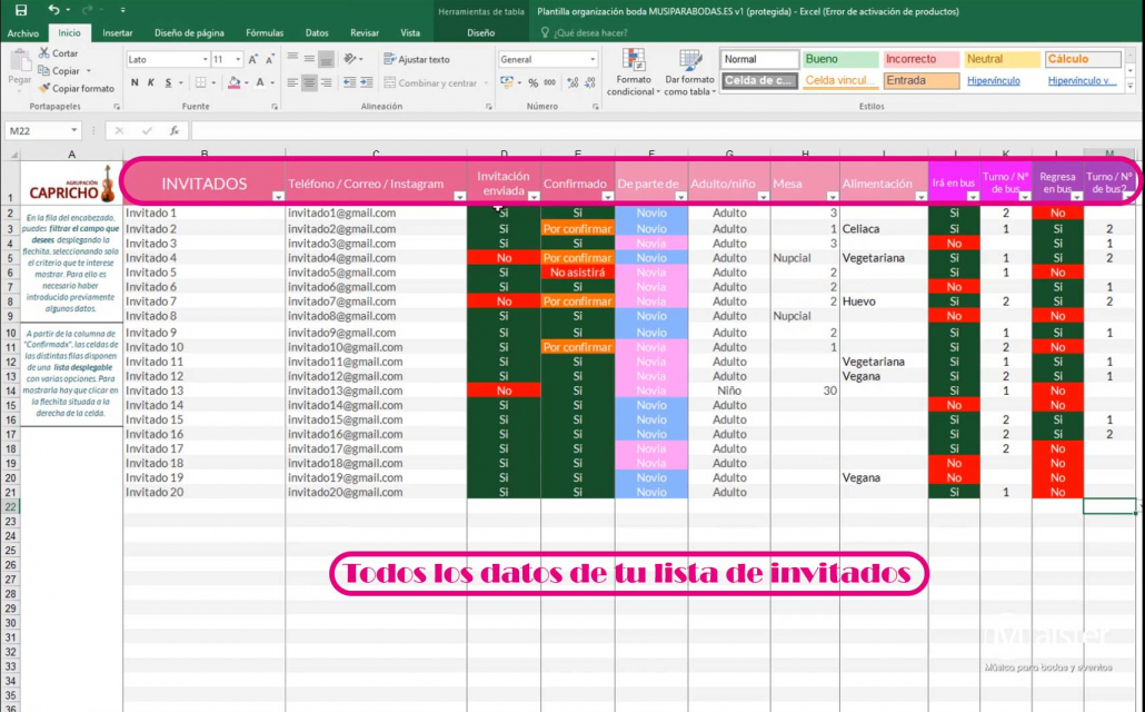 Plantilla de Excel para organizar una boda